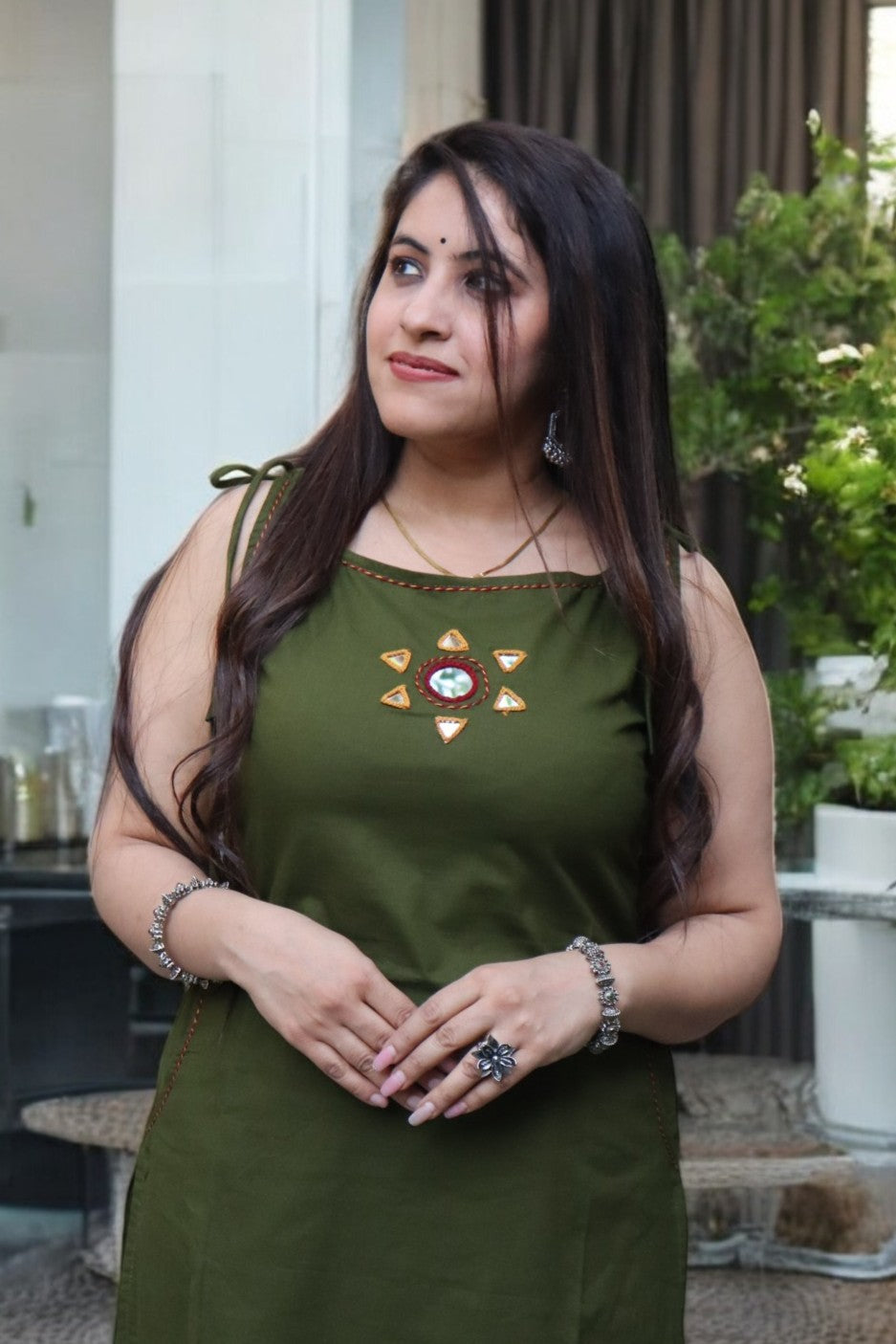 SDE072 Beautiful Mehndi Green Color Pure Cotton Strap on Real Mirror W ...